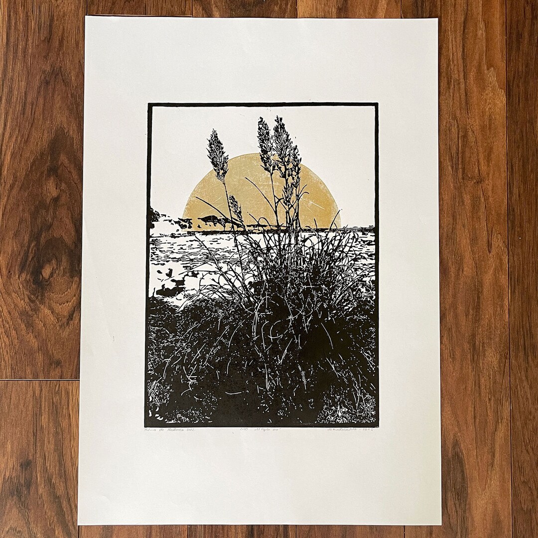 Linocut Print, Coastal Art, Landscape Print, Black Botanical Art ...