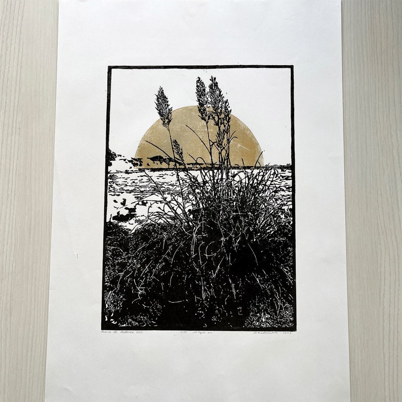 Linocut Print Coastal Art Landscape Print Black Botanical - Etsy