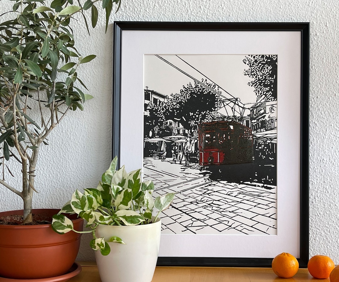 Tram De Soller Linocut Print, Majorca Spain Art, Limited Edition - Etsy