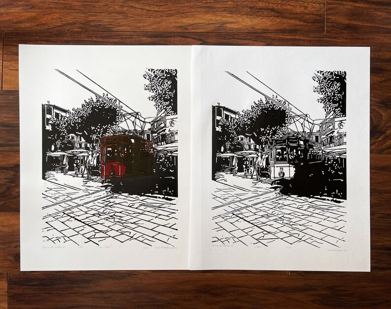 Tram De Soller Linocut Print, Majorca Spain Art, Limited Edition - Etsy