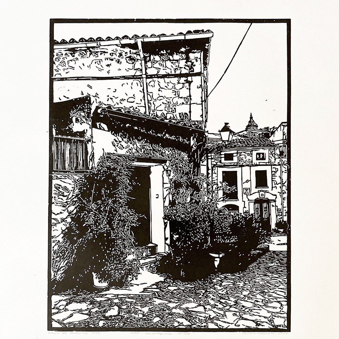 Architecture Print, House Portrait, Linocut Print, Spain Art, 11.61 X ...