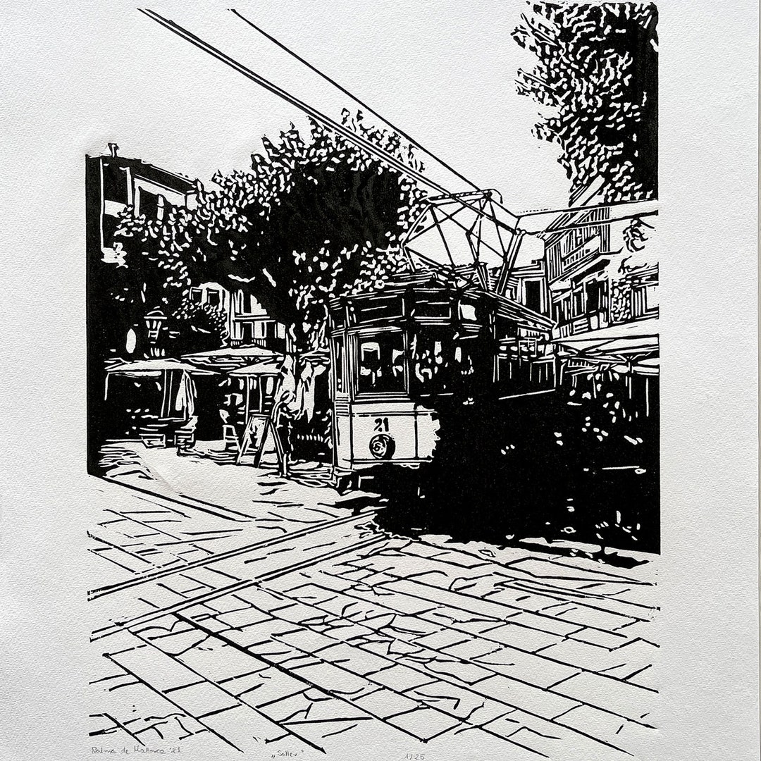 Soller Tram Linocut Print, Black and White Spanish Wall Art - Etsy