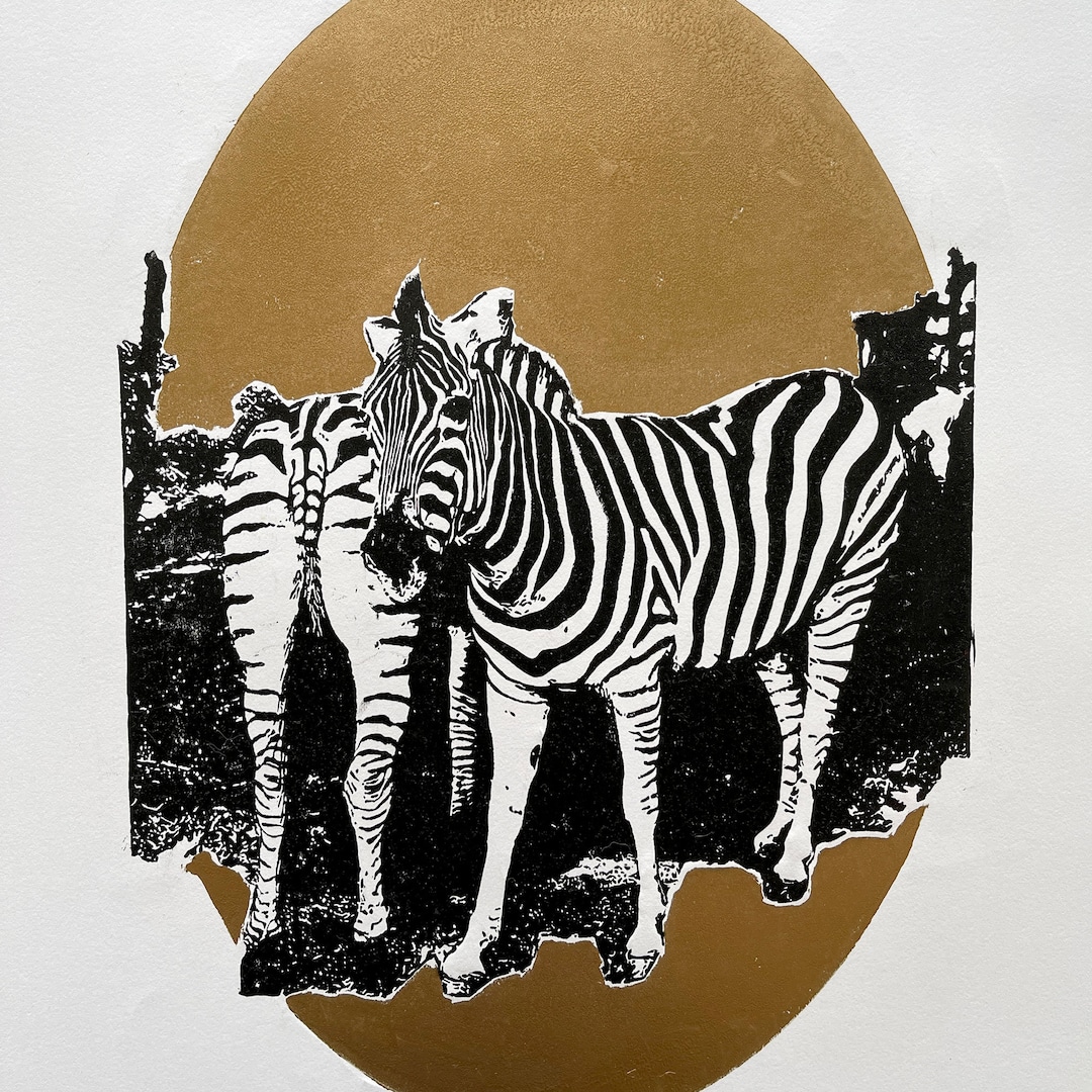 Zebra Linocut Print, Gold Ink, African Safari Art (11.81 X 15.74 Inch ...