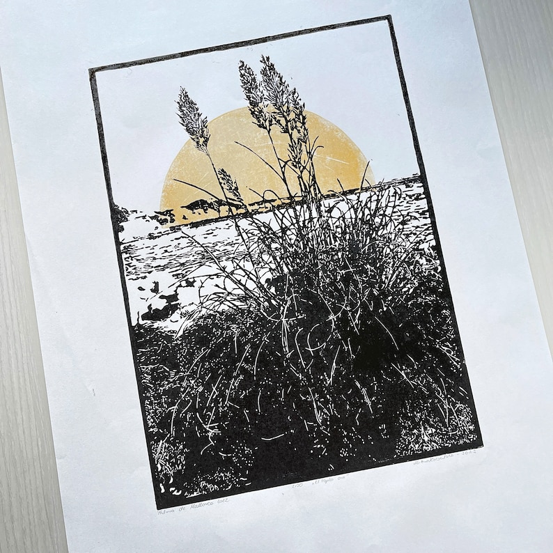 Linocut Print, Coastal Art, Landscape Print, Black Botanical Art ...