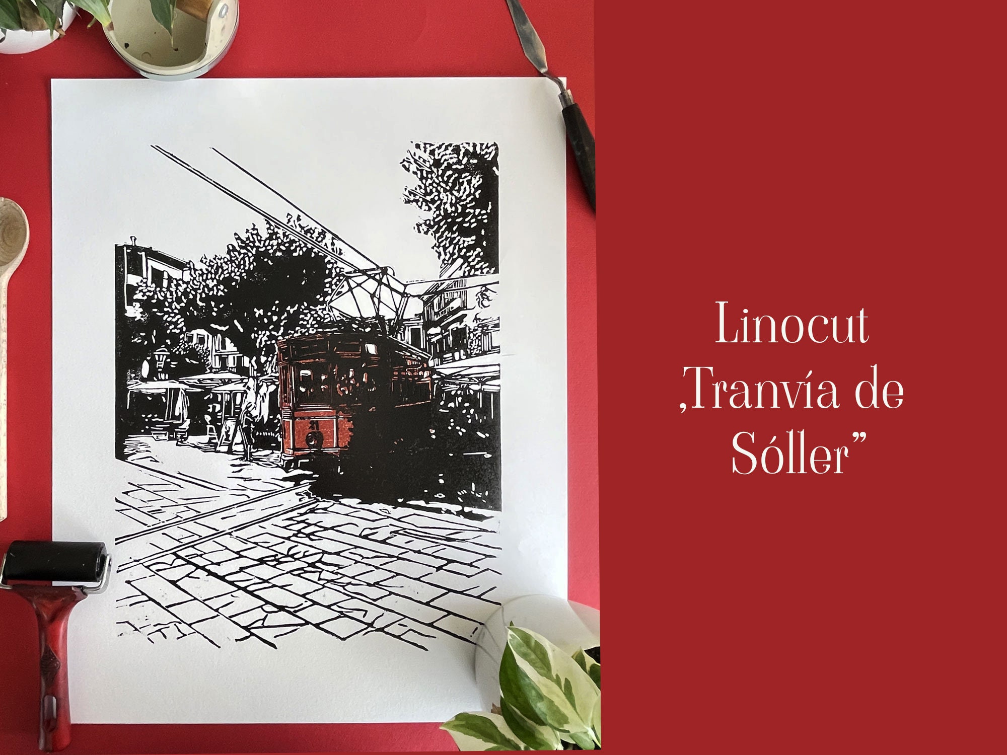 Tram De Soller Linocut Print, Majorca Spain Art, Limited Edition - Etsy