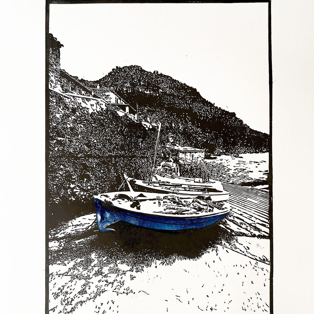 Linocut Print, Landscape Wall Art, Sailboat Print, Room Décor, Mountain ...