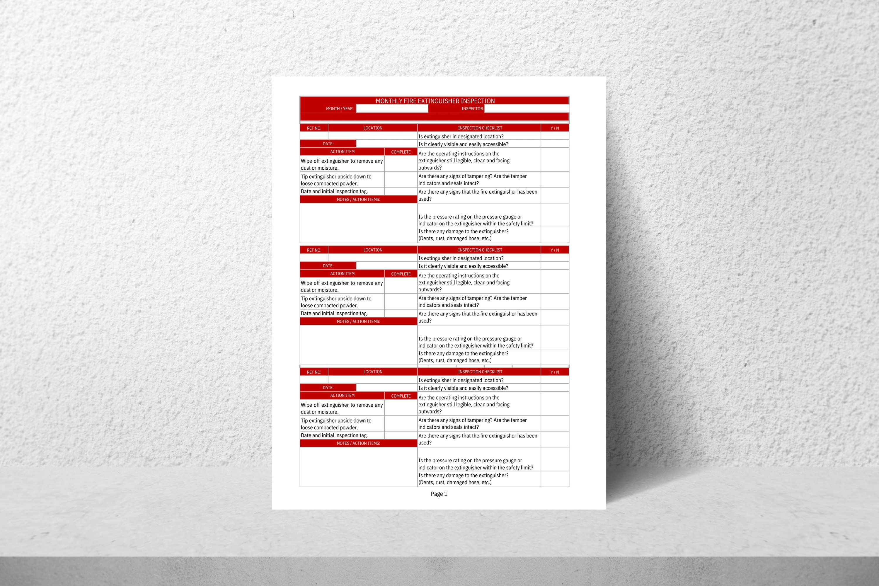 Fire Extinguisher Register and Monthly Inspection Form, Editable Excel ...