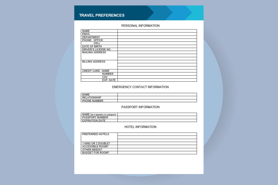 Travel Preferences Microsoft Office Form, Personalized Travel Forms ...