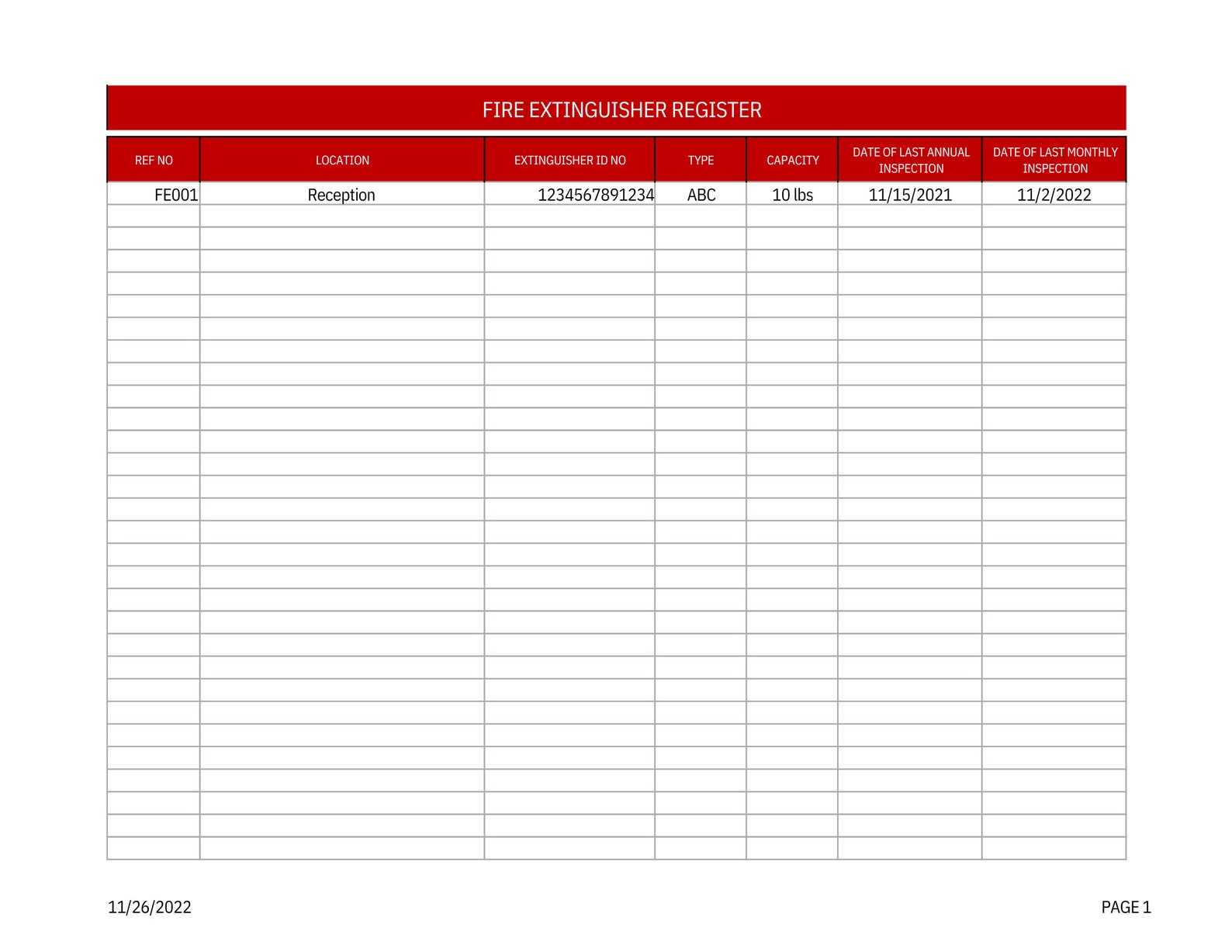 Fire Extinguisher Register and Monthly Inspection Form, Editable Excel ...
