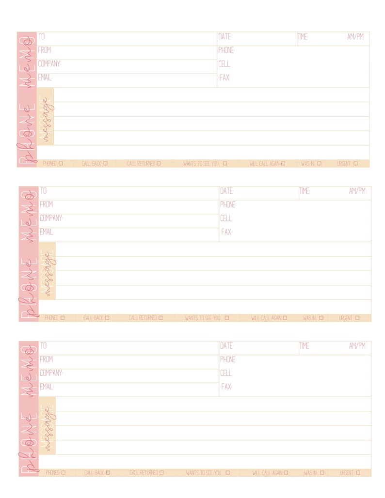 Phone Memo Template - Phone Message Form - Etsy
