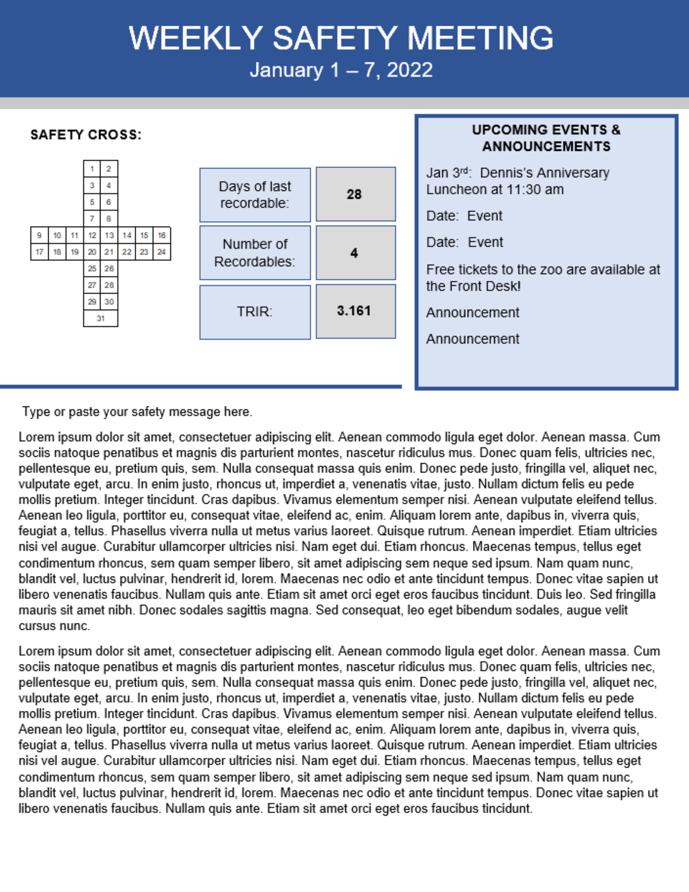 Safety Meeting Form - Pre-shift Safety Meeting Form - 4 Safety Topics ...