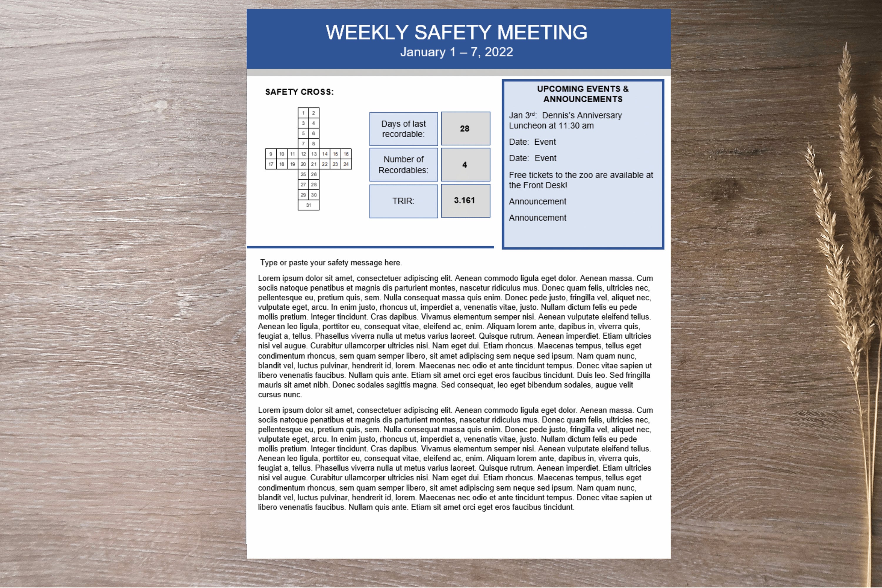 Safety Meeting Form - Pre-shift Safety Meeting Form - 4 Safety Topics ...