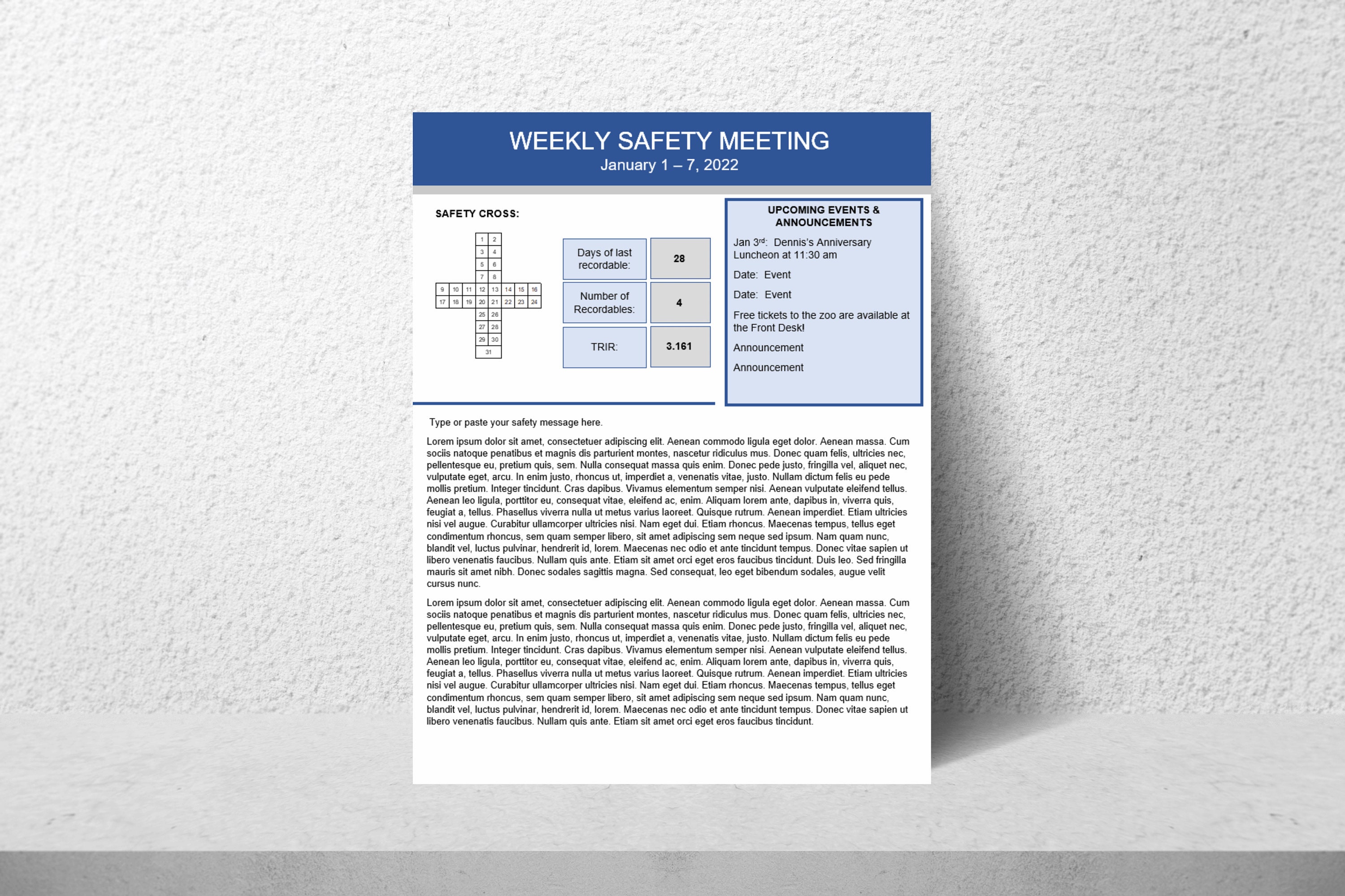 Safety Meeting Form - Pre-shift Safety Meeting Form - 4 Safety Topics ...