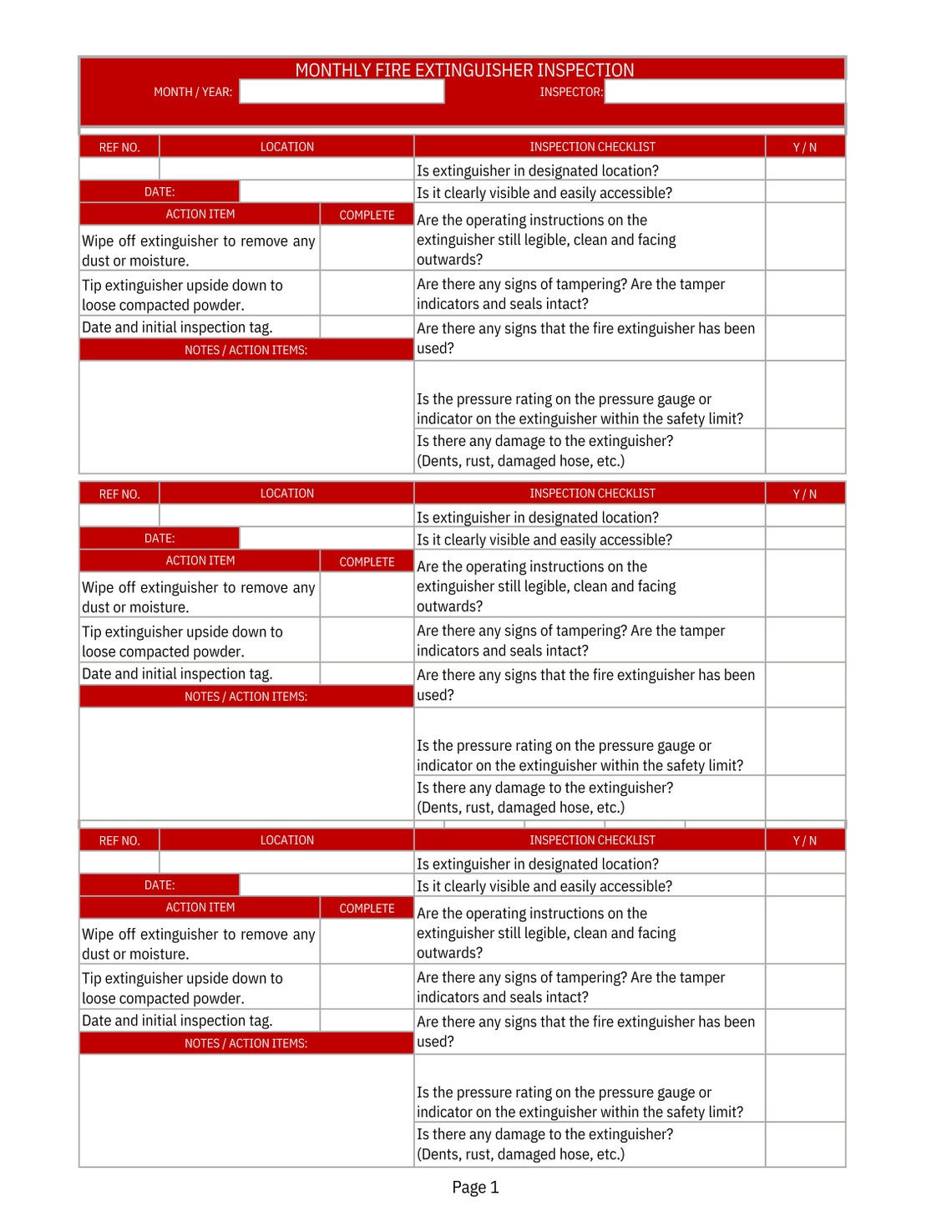 Fire Extinguisher Register and Monthly Inspection Form, Editable Excel ...