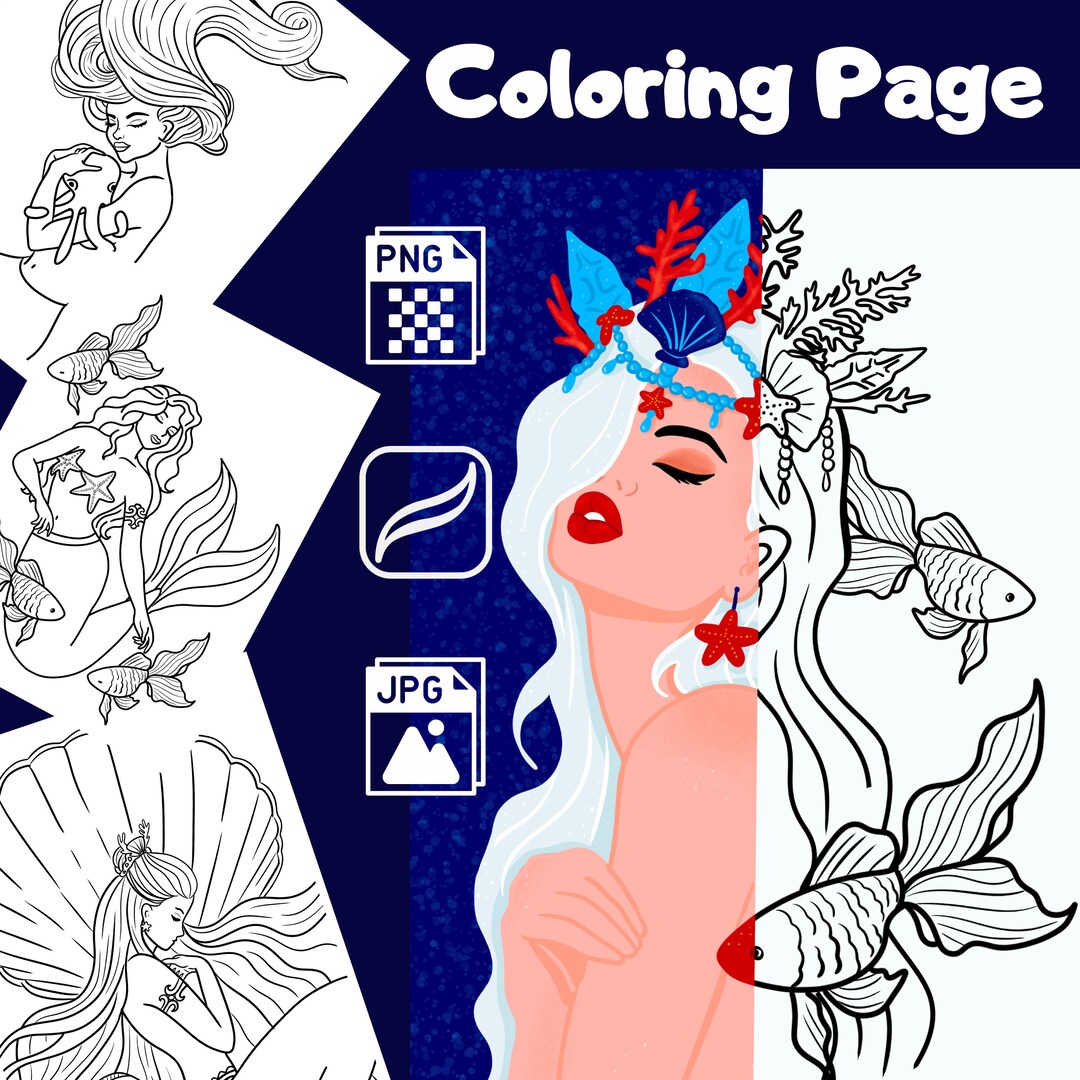 Mermaid Coloring Pages: Fun, Relaxing Art (printable JPEG, PNG) - Etsy