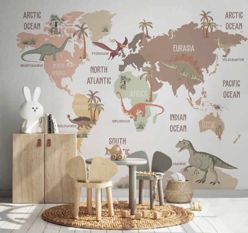 Dinosaurs World Map Kids Wall Decal Sticker Wallpaper - Etsy