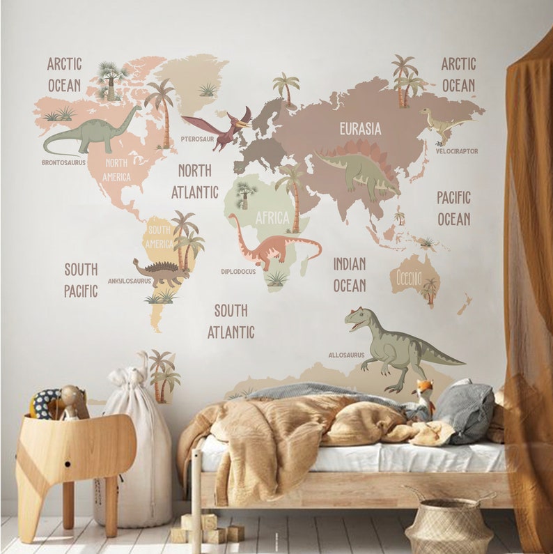Dinosaurs World Map Kids Wall Decal Sticker Wallpaper - Etsy