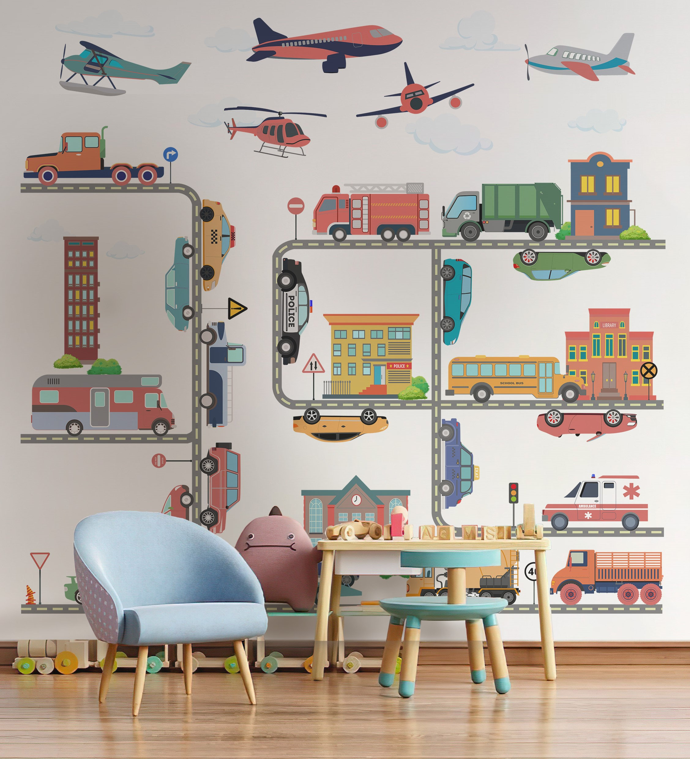 Removable Transportation Theme Wall Decals With Cars, Trucks, Planes ...