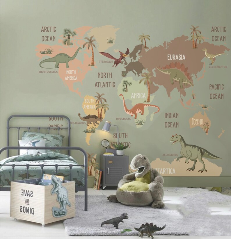 Dinosaurs World Map Kids Wall Decal Sticker Wallpaper - Etsy
