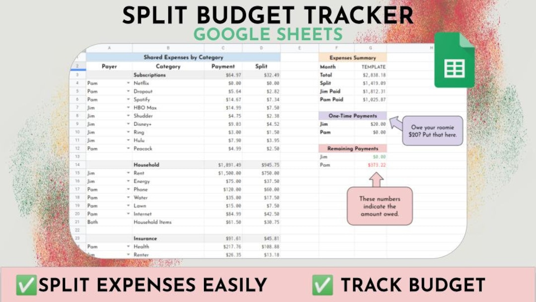 Monthly Split Budget Spreadsheet for Google Sheets Track Expenses and ...