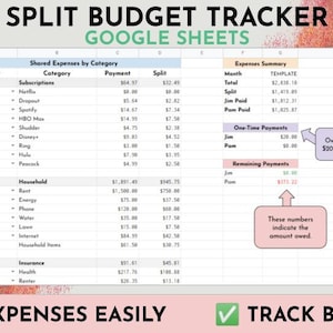 Monthly Split Budget Spreadsheet for Google Sheets Track Expenses and ...