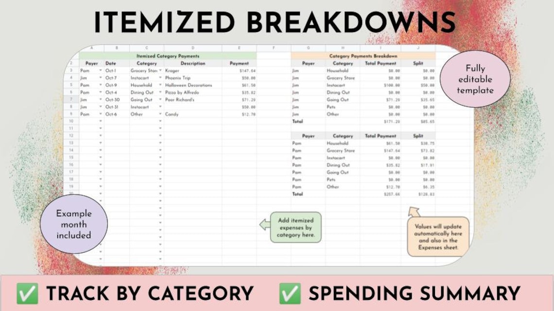 Monthly Split Budget Spreadsheet for Google Sheets Track Expenses and ...