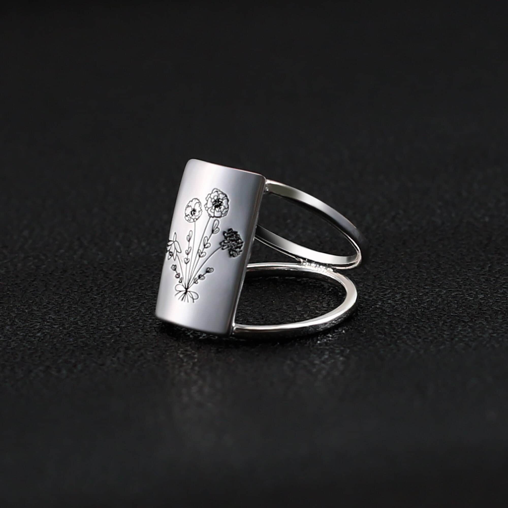 Personalized Birth Flower Ring Floral Signet Ring Engraved - Etsy