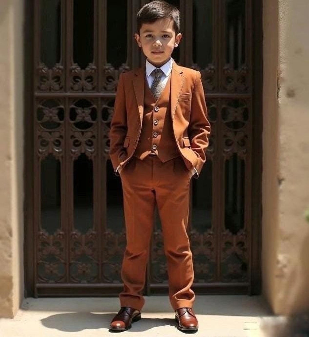 Boys Rust Three-piece Suit – Slim Fit Wedding Outfit - Etsy