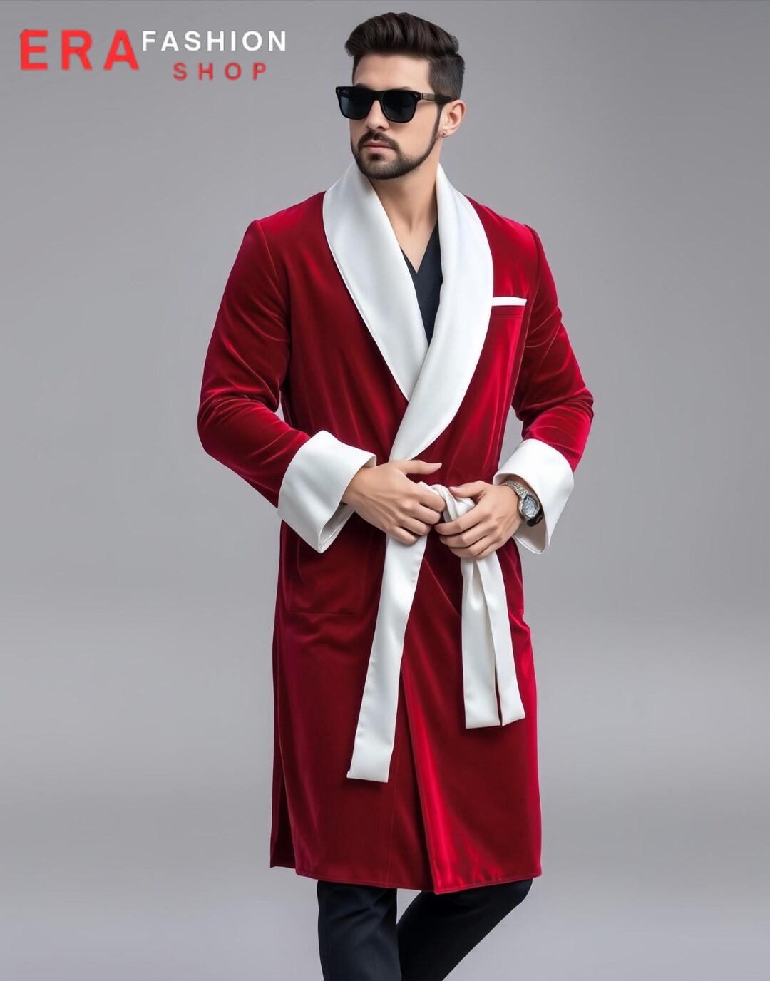Men's Long Coat - Red Velvet Robe Jacket - Christmas Party - Morning ...