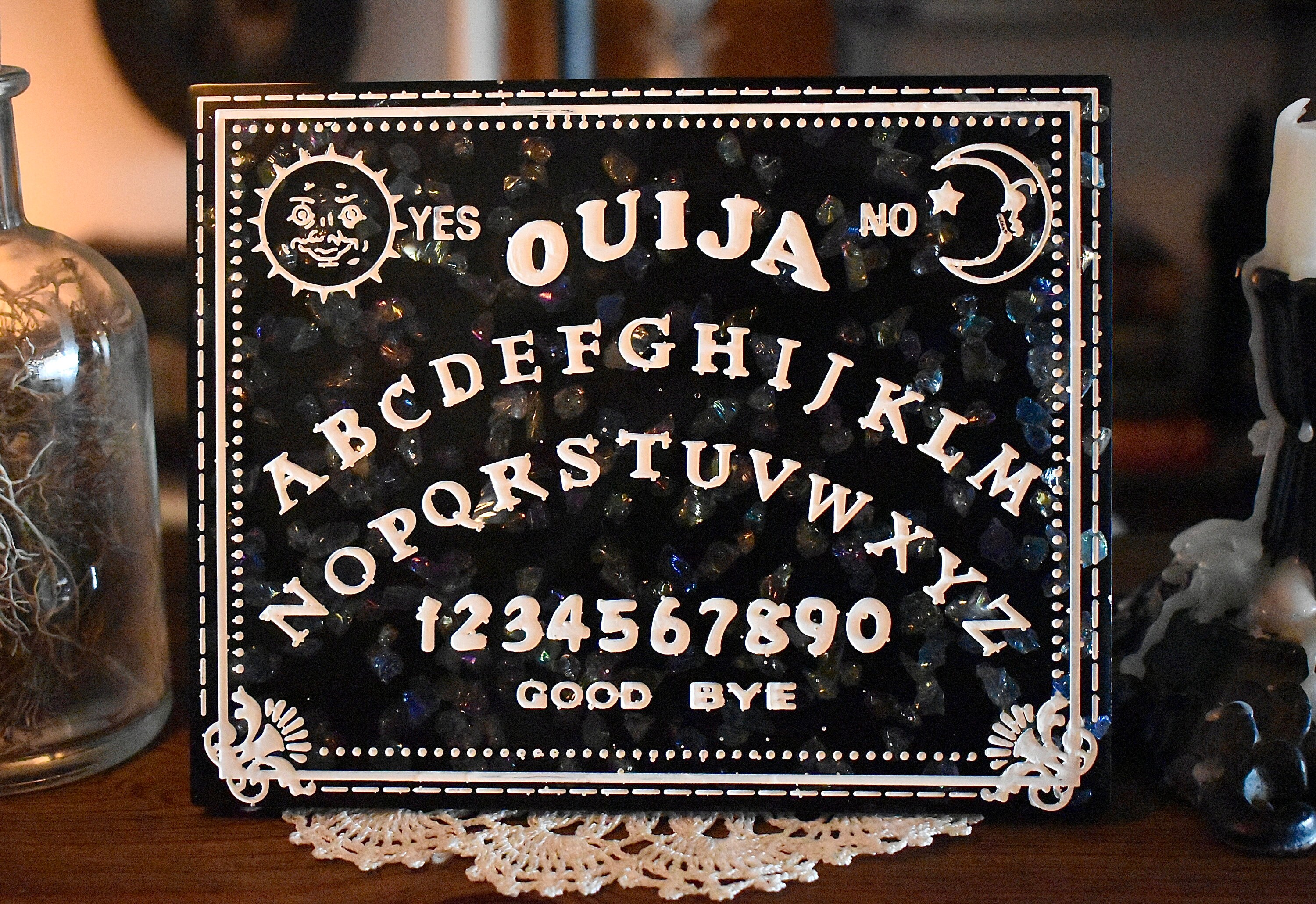 Handmade Ouija Board + Iridescent Glass Planchette | Sun and Moon ...