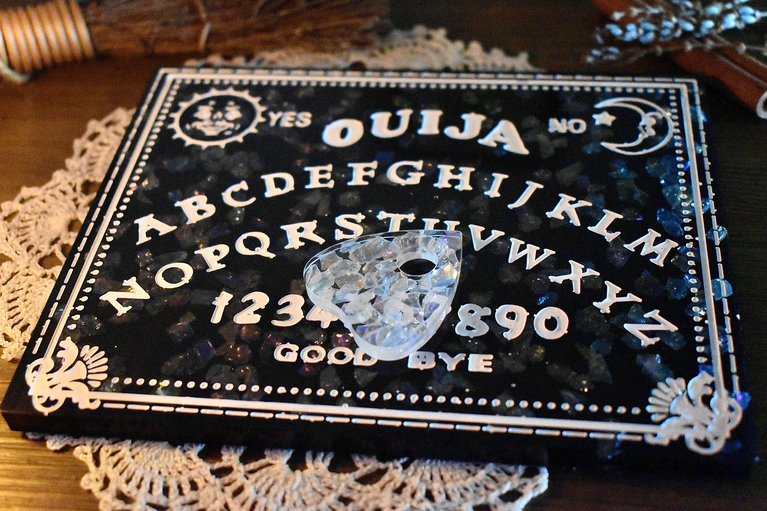 Handmade Ouija Board Iridescent Glass Planchette Sun and Moon Horror ...