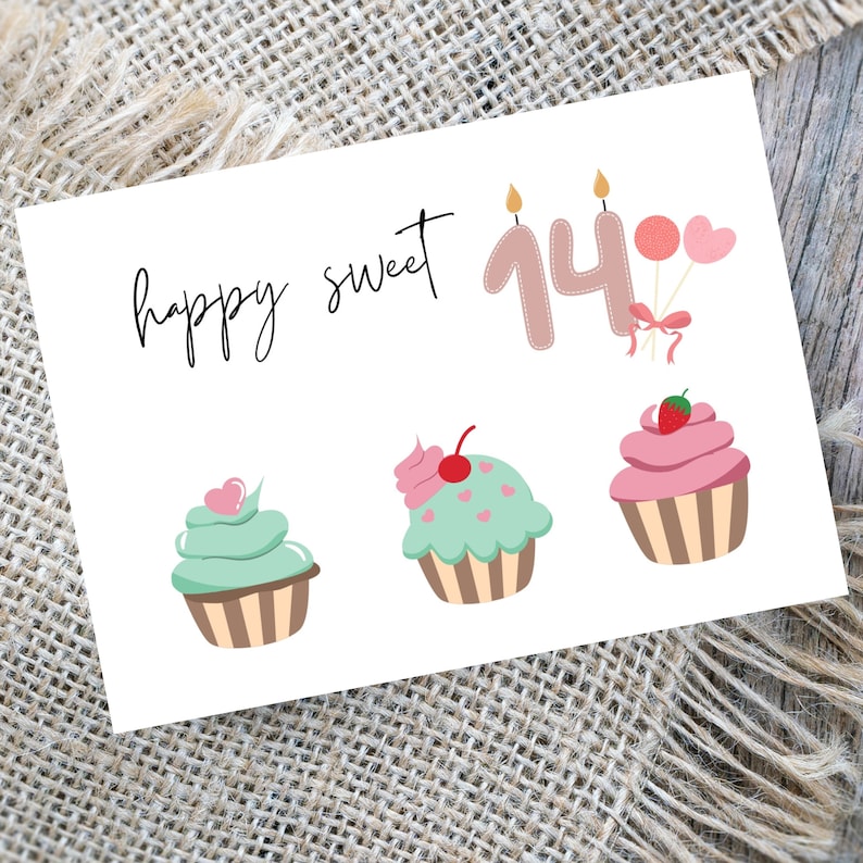 14th Birthday Card Printable, 14th Girl Card , Age 14 Birthday Card ...