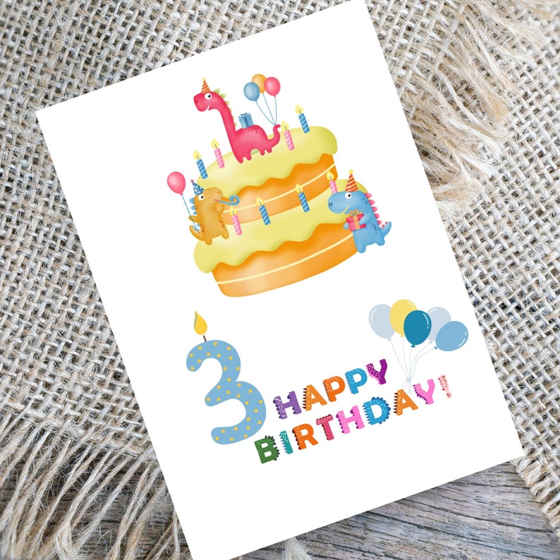 3rd Happy Birthday Card Instant Download, 3rd Birthday Card Dinosaur ...