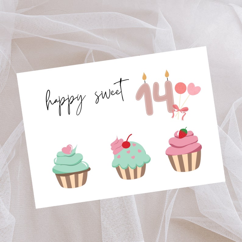 14th Birthday Card Printable, 14th Girl Card , Age 14 Birthday Card ...