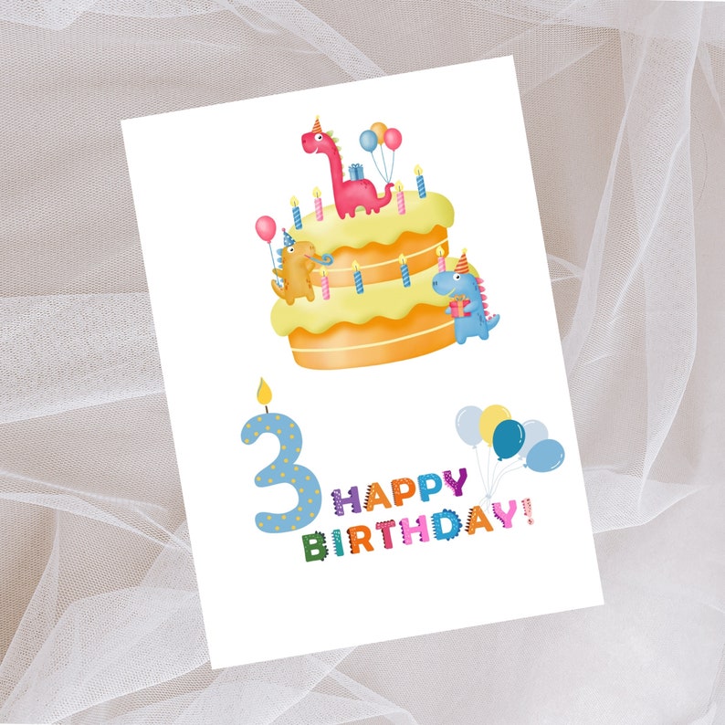 3rd Happy Birthday Card Instant Download, 3rd Birthday Card Dinosaur ...