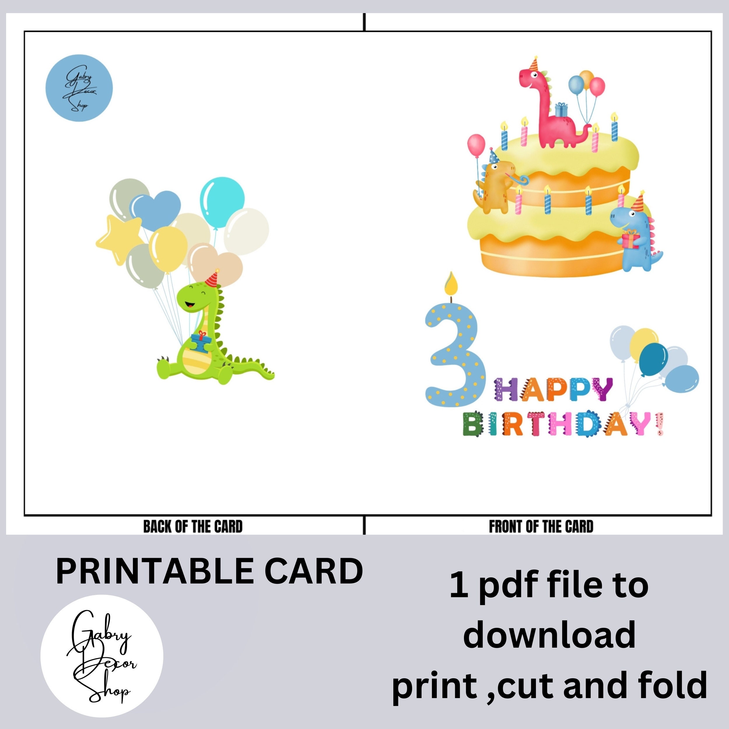 3rd Happy Birthday Card Instant Download, 3rd Birthday Card Dinosaur ...