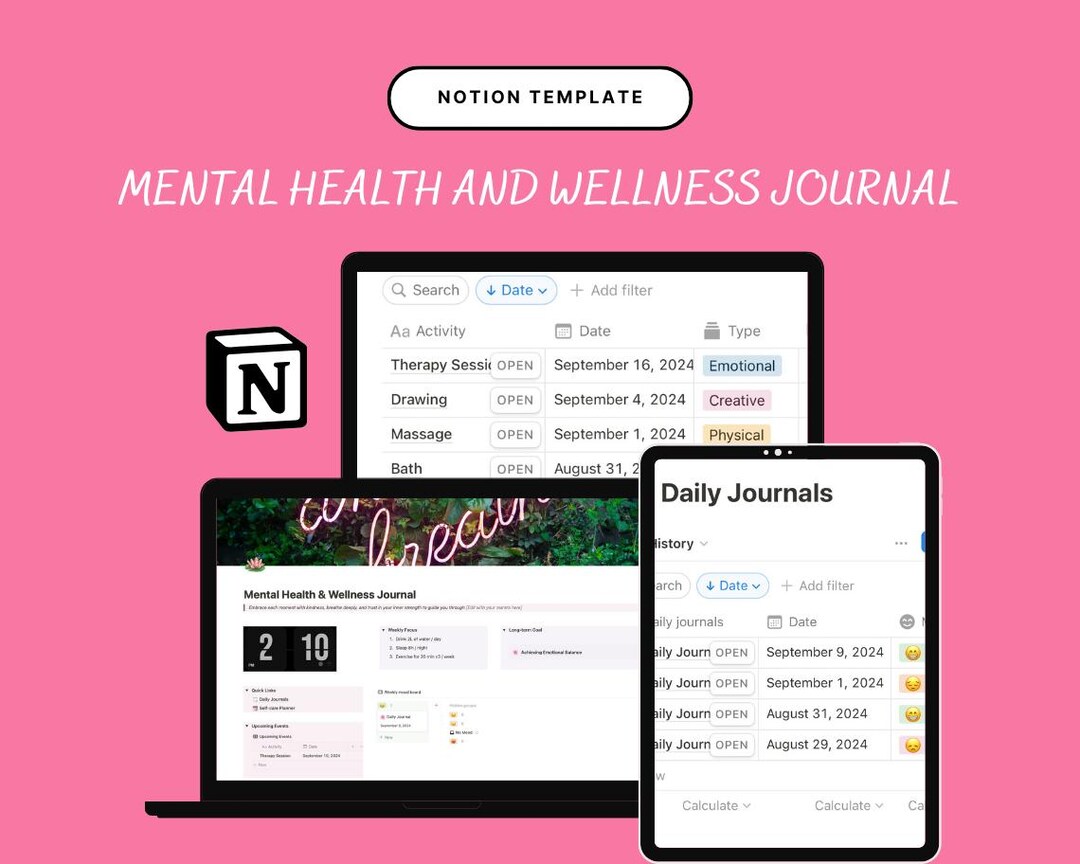 Mental Health & Wellness Journal | Notion Template | Habit Tracker ...