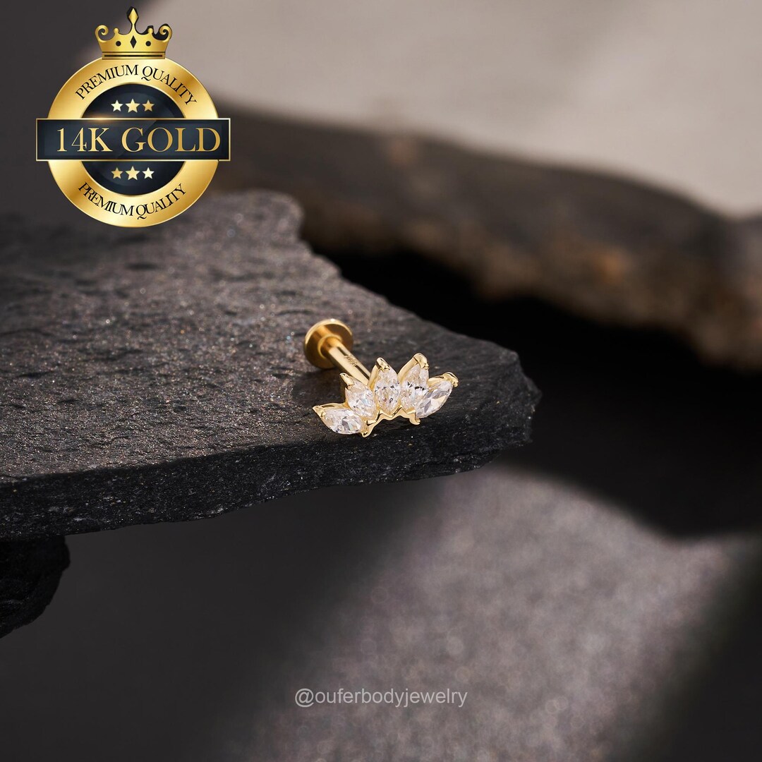 14K Solid Gold Crown Threadless Cartilage Earring/push Pin Labret ...