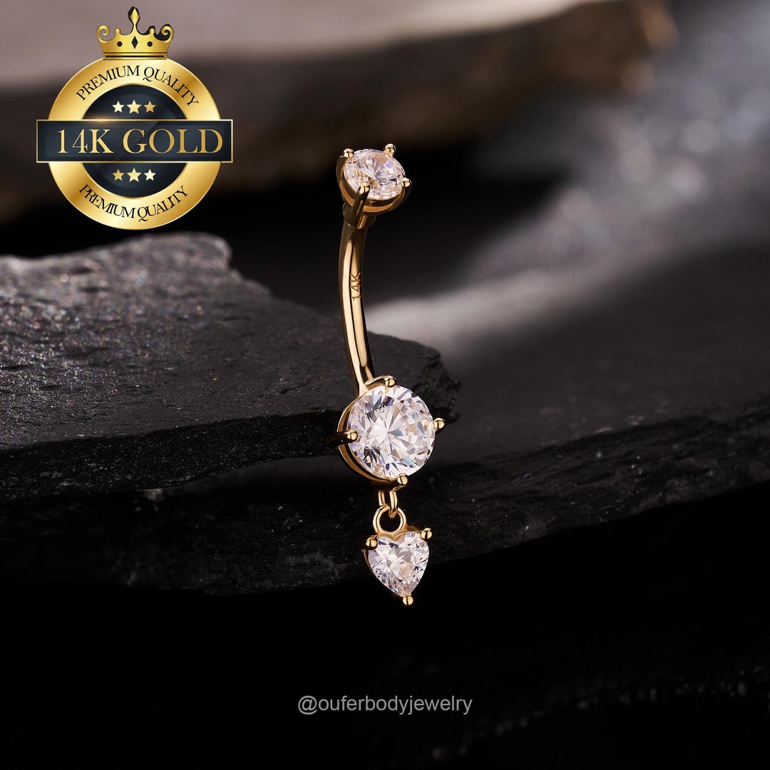14K Solid Gold Dangle Heart Belly Button Ring/navel Jewelry/curved ...