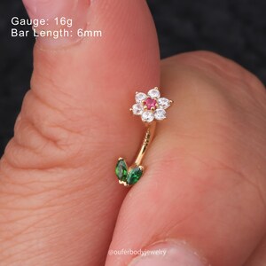 14K Solid Gold Flower Curved Barbell/green Leaf Cartilage Earring/16g ...