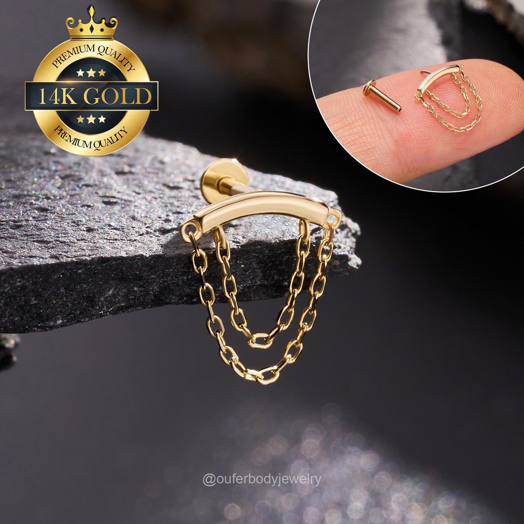14K Solid Gold Double Chain Threadless Push Pin Labret Stud/cartilage ...