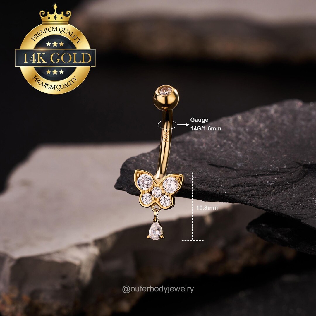 10K Solid Gold Buuterfly Dangle Rook/belly Button Ring/navel Jewelry ...