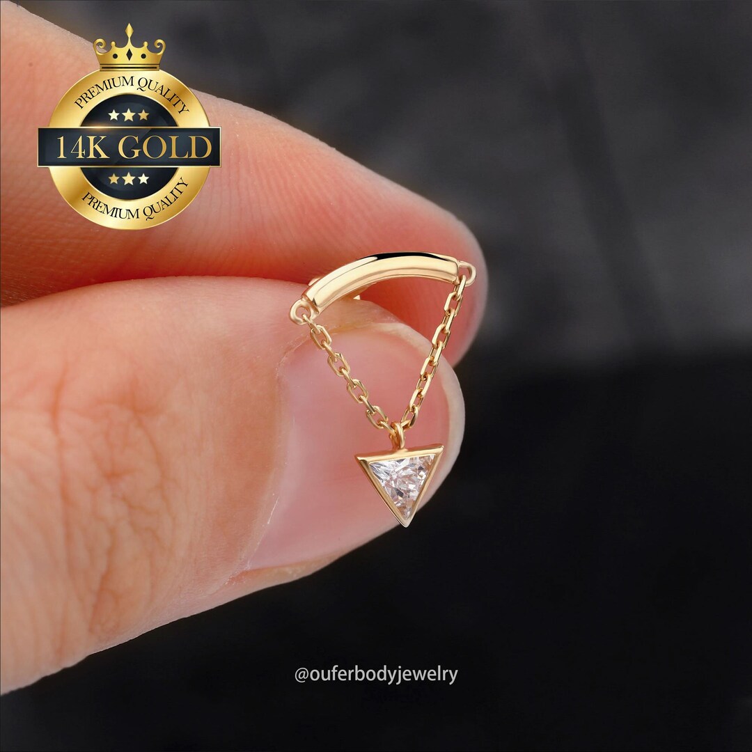 14K Solid Gold Dangle Triangle Internally Threaded Stud Earring ...