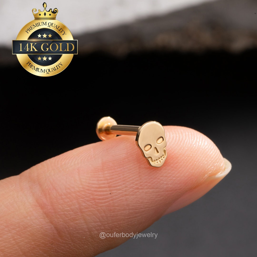 14K Solid Gold Skull Head Threadless Push Pin Labret Stud/cartilag ...