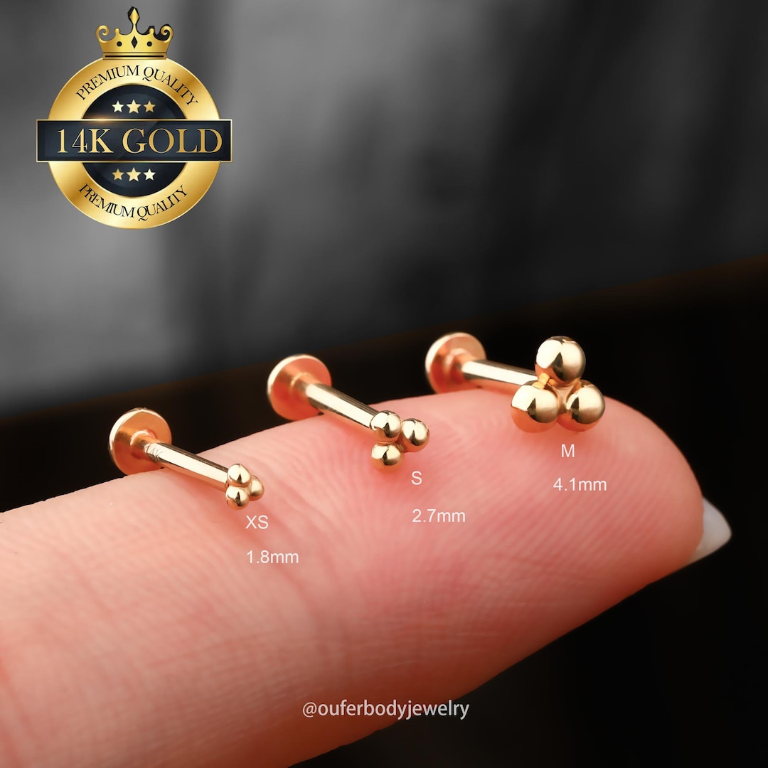 14K Solid Gold Tiny Bead Cartilage Threadless Push Pin Labret Stud ...