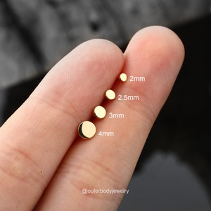 14K Solid Gold Tiny Flat Disc Threadless Push Pin Labret Stud/1.5/2/2.5 ...