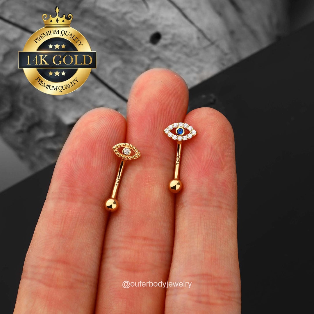 14K Solid Gold Blue Eye Curved Barbell/clear CZ Rook Earring/rook ...