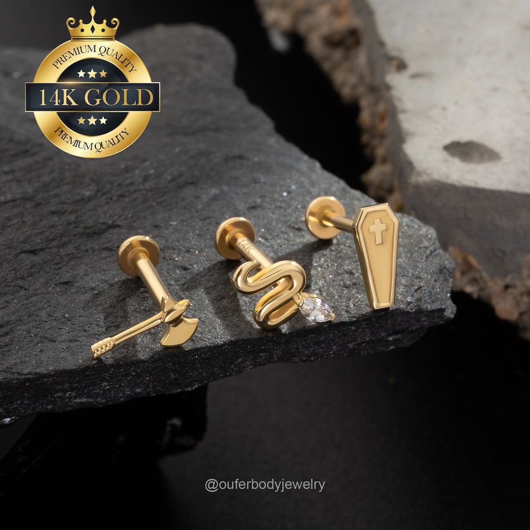 14K Gold Snake/axe/coffin THREADLESS Cartilage Earring/push Pin Labret ...