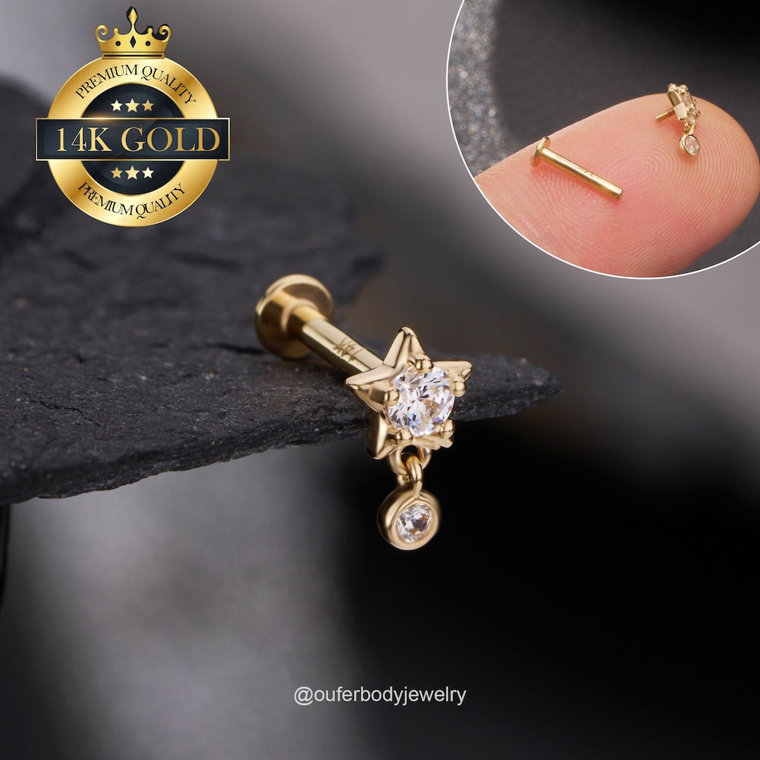 14K Solid Gold Dangle Star Cartilage Earring/internally Threaded Flat ...