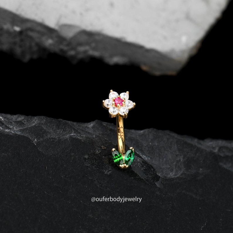 14K Solid Gold Flower Curved Barbell/green Leaf Cartilage - Etsy